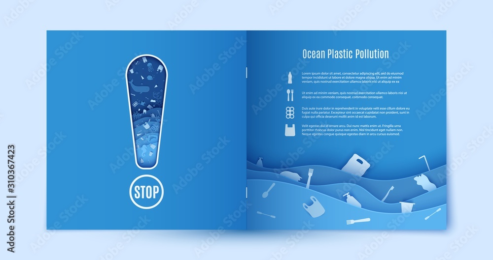 Papercut stop ocean plastic pollution blue flyer template. Sample ...