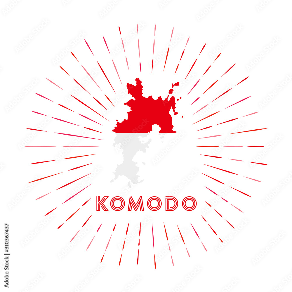 Komodo sunburst badge. The island sign with map of Komodo with ...