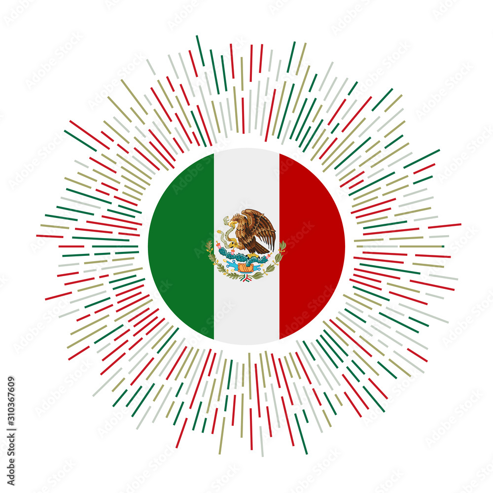 Mexico sign. Country flag with colorful rays. Radiant sunburst with ...