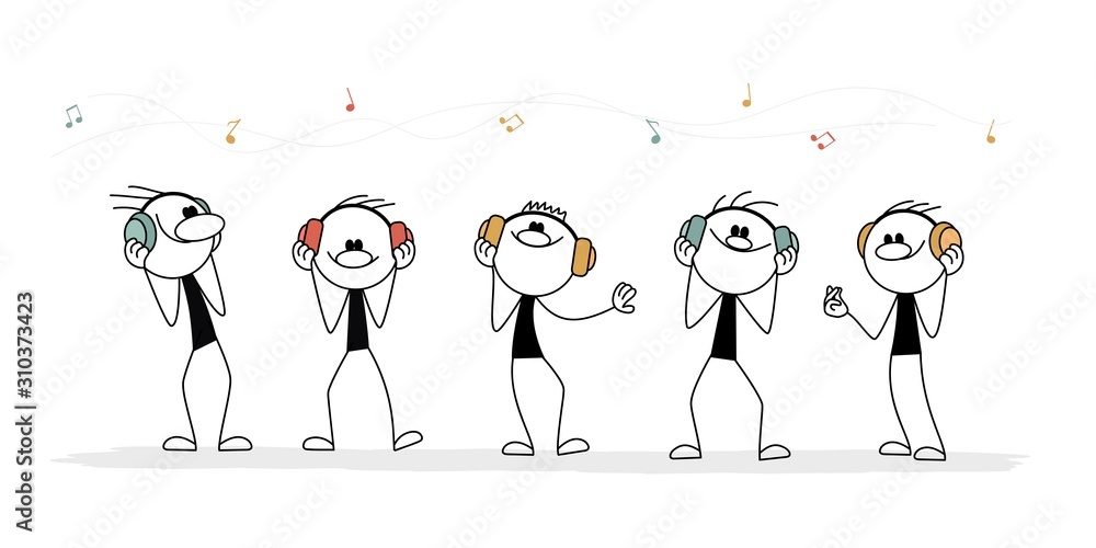 Doodle stick figure: Little people listen to music. Stock Vector ...