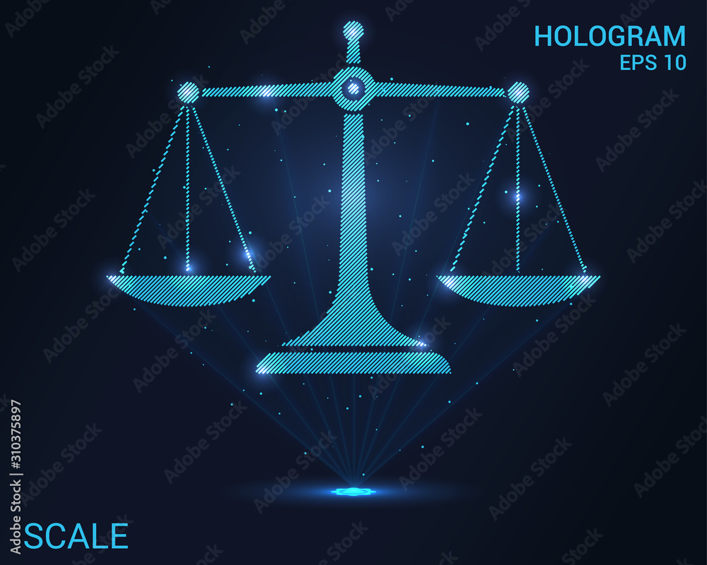 Hologram scales. Holographic projection scales of justice. Flickering ...