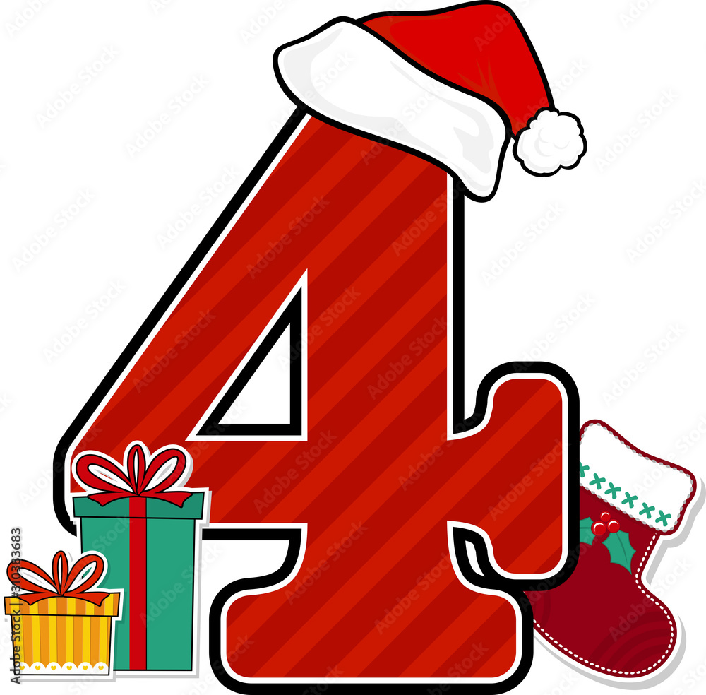 number 4 with red santa's hat and christmas design elements isolated on ...