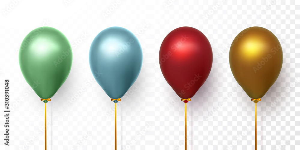 Realistic yellow, red and blue balloons on transparent background with ...