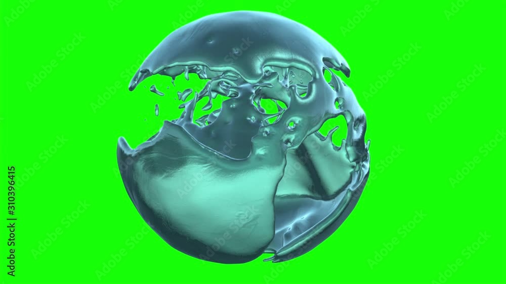 crystal water ball of liquid frozen in time and rotating on green ...