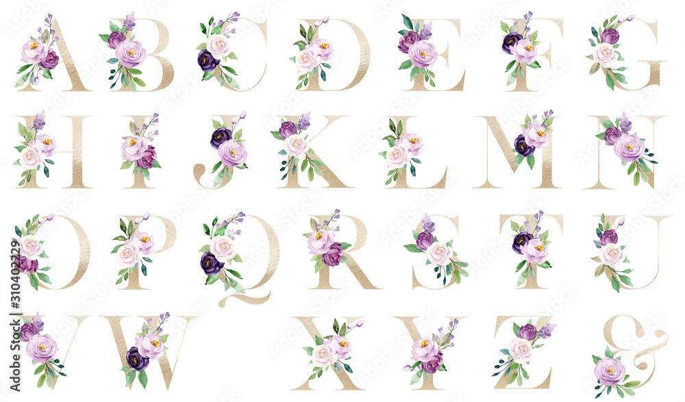 Floral alphabet, gold letters set with watercolor violet flowers roses ...