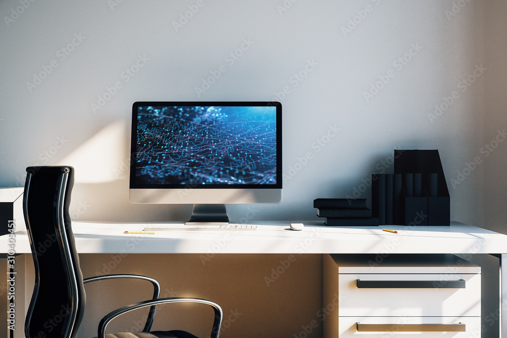 Cabinet desktop interior with technology theme drawing on computer ...