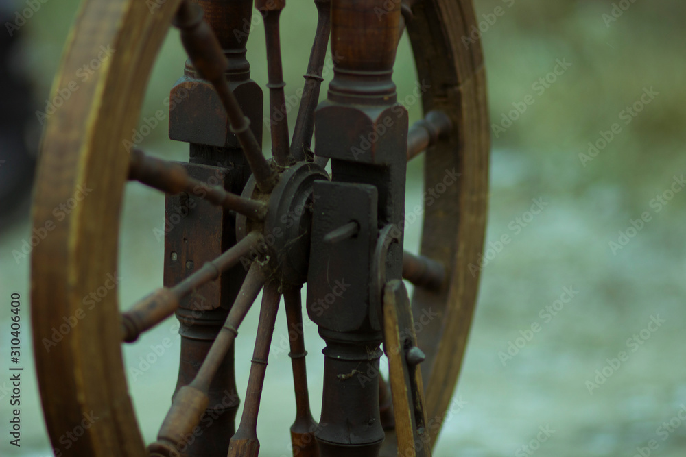 Old vintage antique peasant retro spinning wheel for weaving craft ...