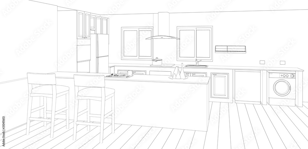 sketch of modern kitchen, interior design, 3d rendering Stock ...
