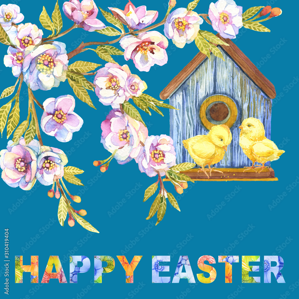 Easter. Chickens in the nesting box in the garden, flowering apple tree ...
