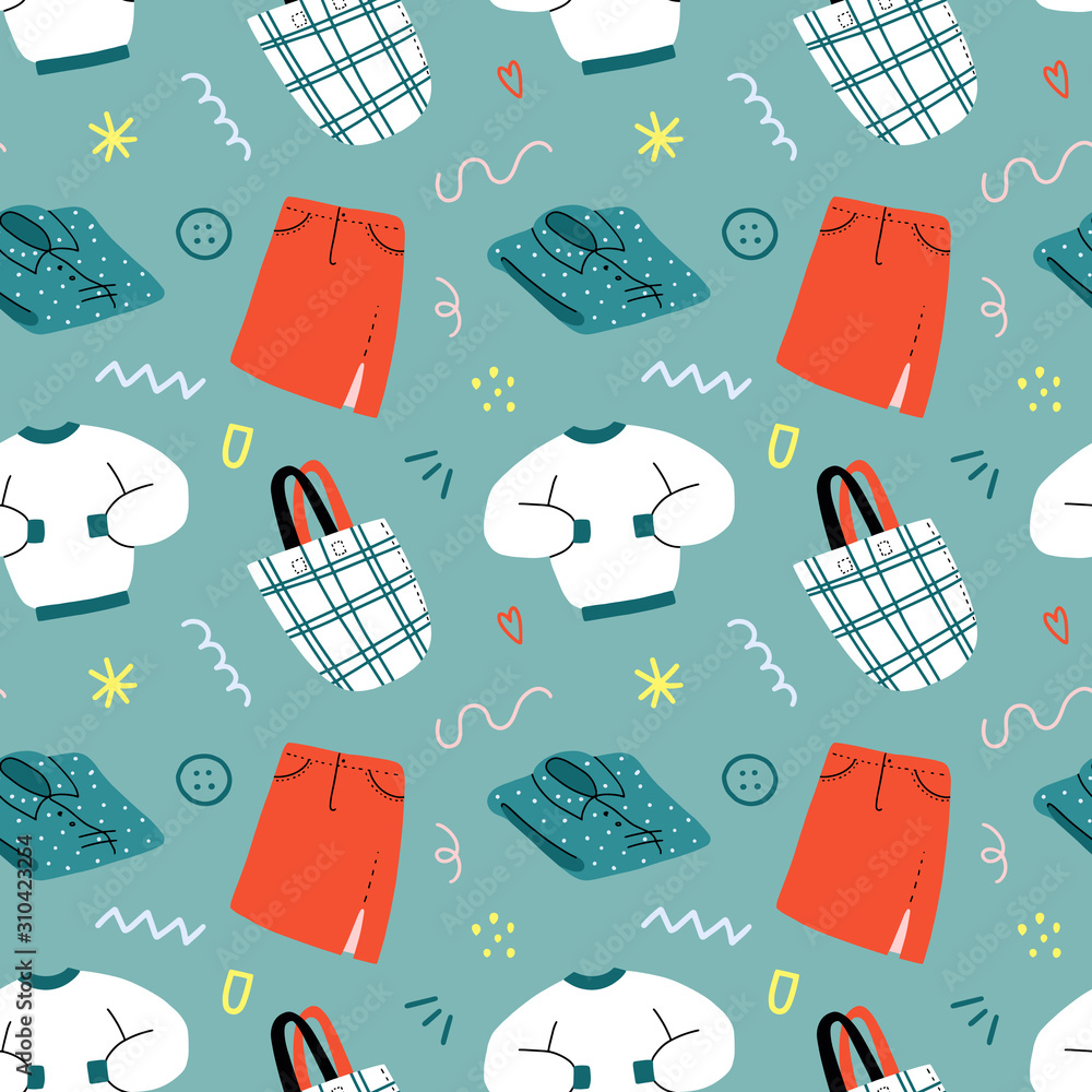 Fashion clothes background, seamless vector pattern with colorful hand ...