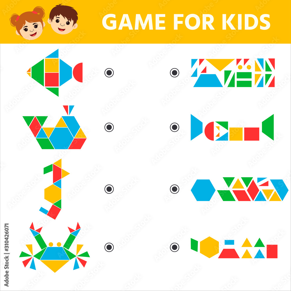 Vetor de Education logic game for preschool kids. Find a match between ...