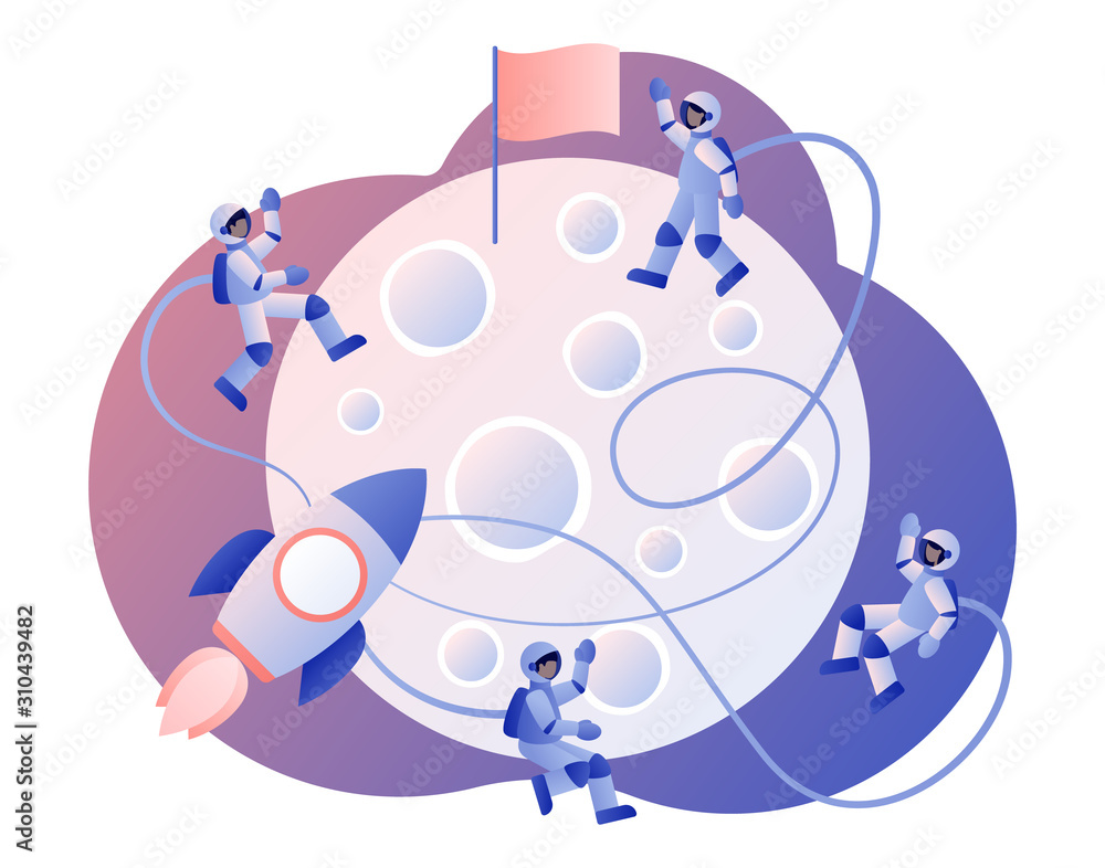 Lunar mission space exploration. Tiny astronauts in space. Spaceship ...