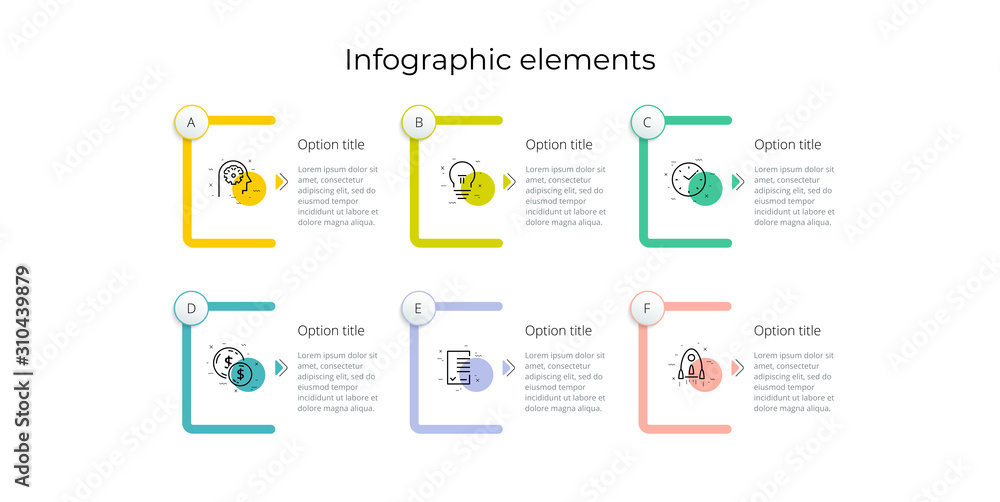 Business process chart infographics with 6 step rectangles. Rectangular ...