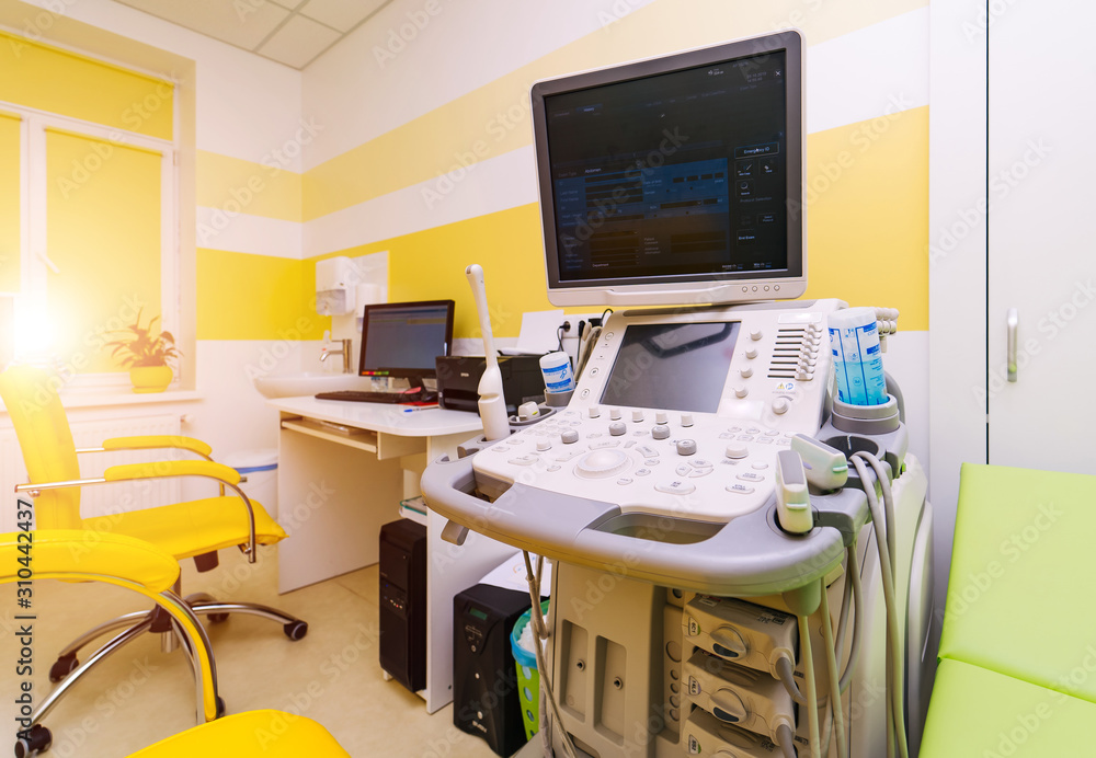 Interior of hospital room with ultrasound machine and bed. Sonography ...