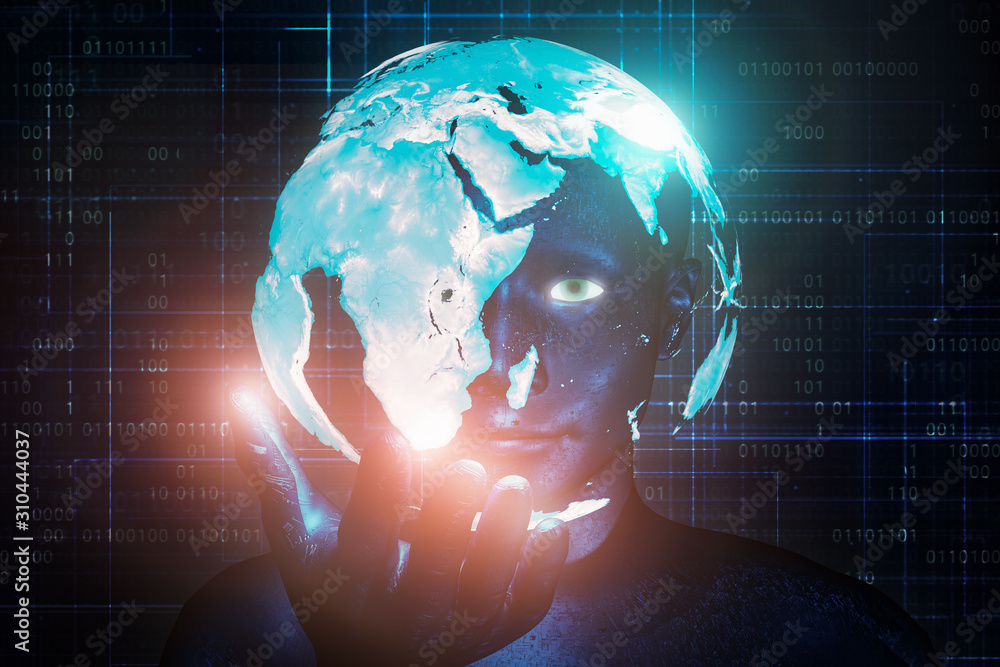 Alien, android, humanoid cyborg watching a holographic blue Earth ...