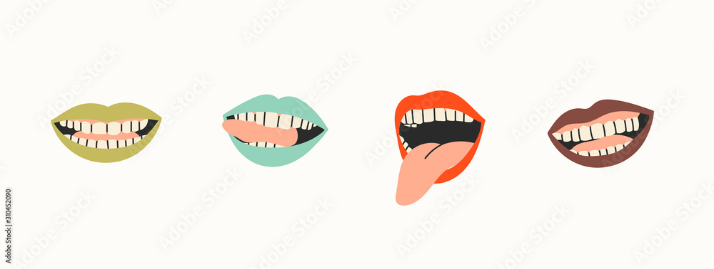 Various Female mouths. Teeth, tongue. Colorful lipstick. Various mimic ...