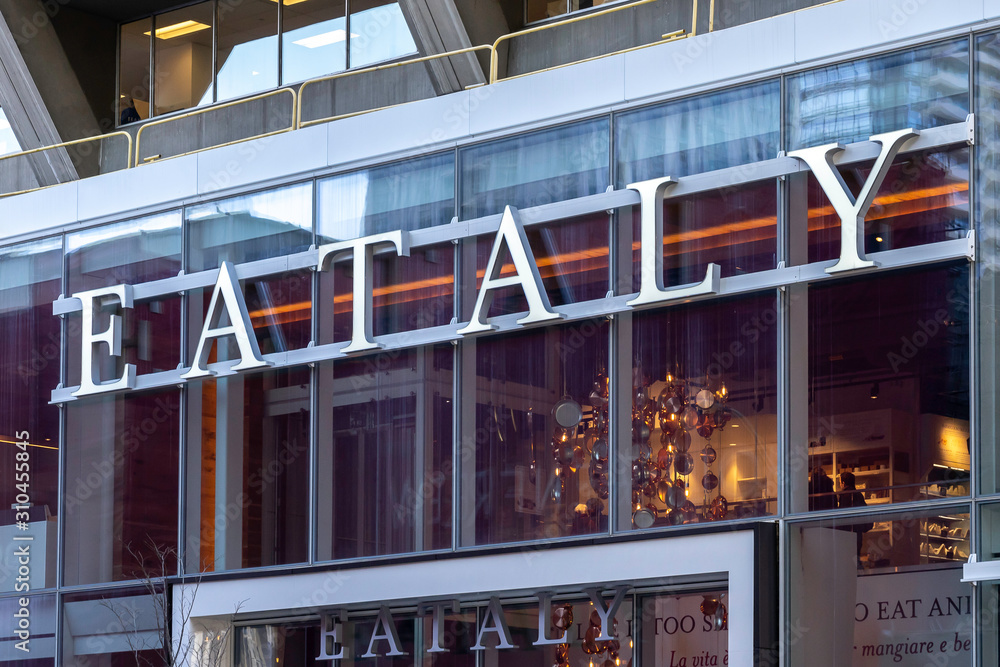 General view of the Eataly store sign on November 26, 2019 in Toronto ...