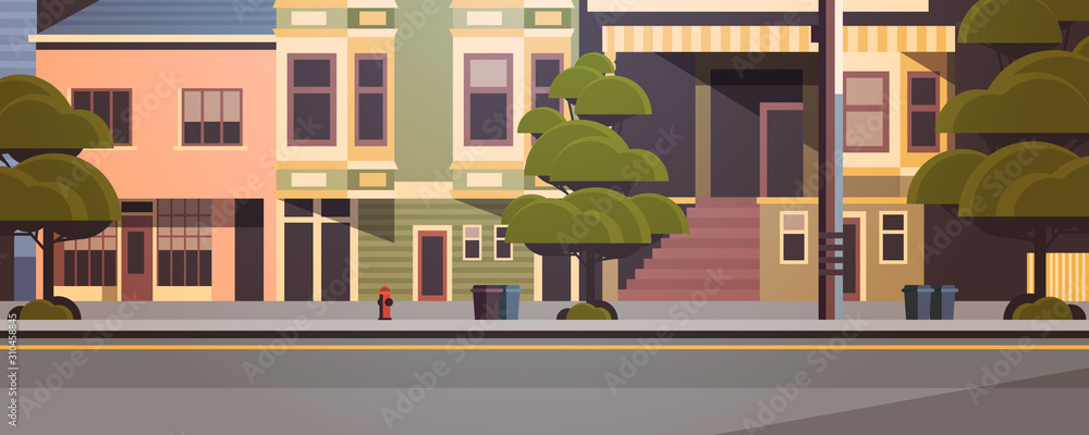city building houses exterior modern town street in summer season ...