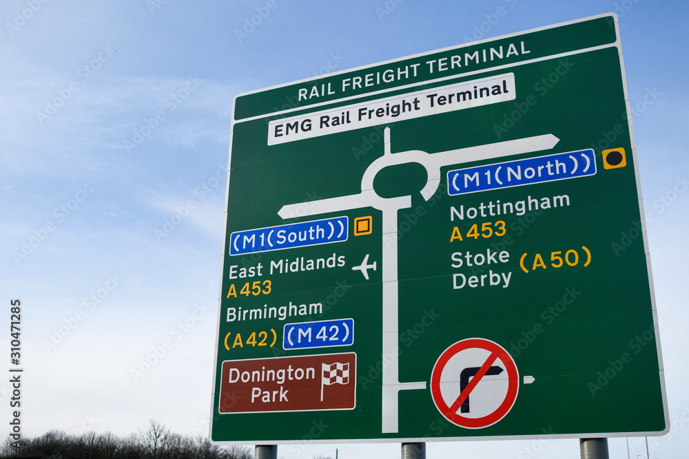 Transport road signs for East Midlands Gateway Rail Terminal ,UK. Stock ...