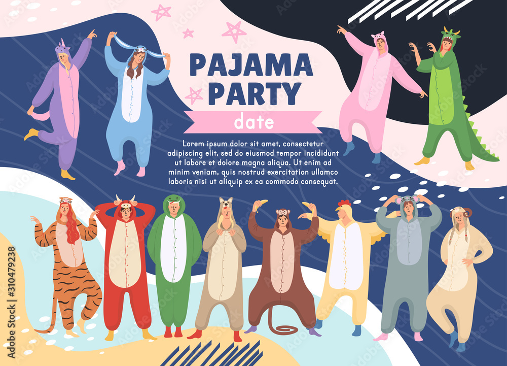 Pajamas party poster on memphis background.women and men are wearing of ...