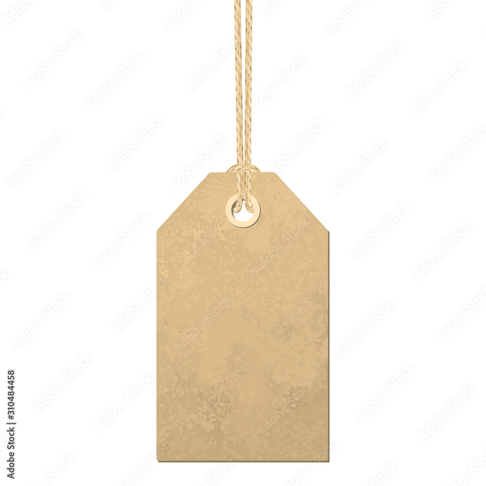 Carton label hanging on a linen thread vector illustration. A realistic ...