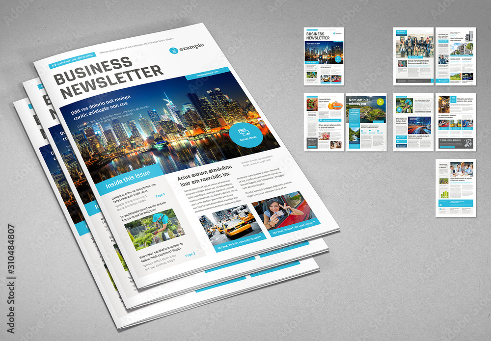 Business Newsletter Layout with Cyan Accents Stock Template | Adobe Stock