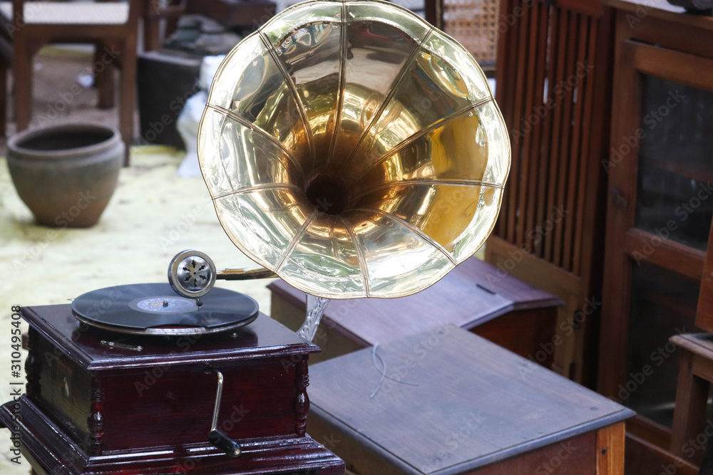 Vintage Brass Gramophone Record Player Phonograph With Golden Speaker ...