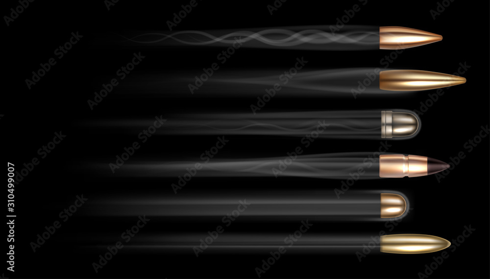 Realistic bullet shots, flying bullets smoke trails Stock Vector ...