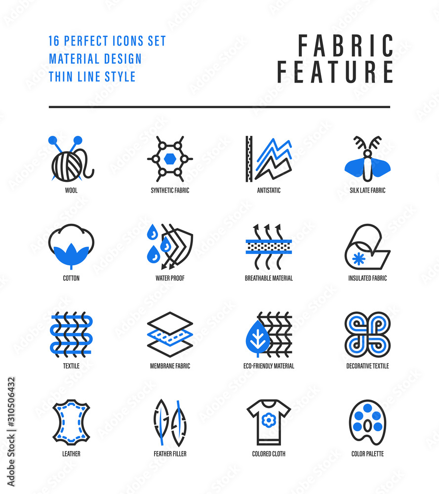 Vetor de Fabric feather thin line icons set. Symbols of wool, synthetic ...
