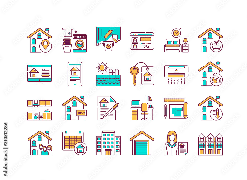 Rent home and real estate color line icons set. Buildings and property ...