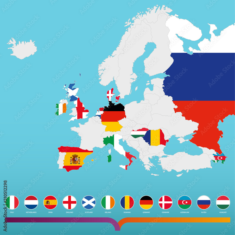 Europe map with highlighted football tournament host countries. Stock ...