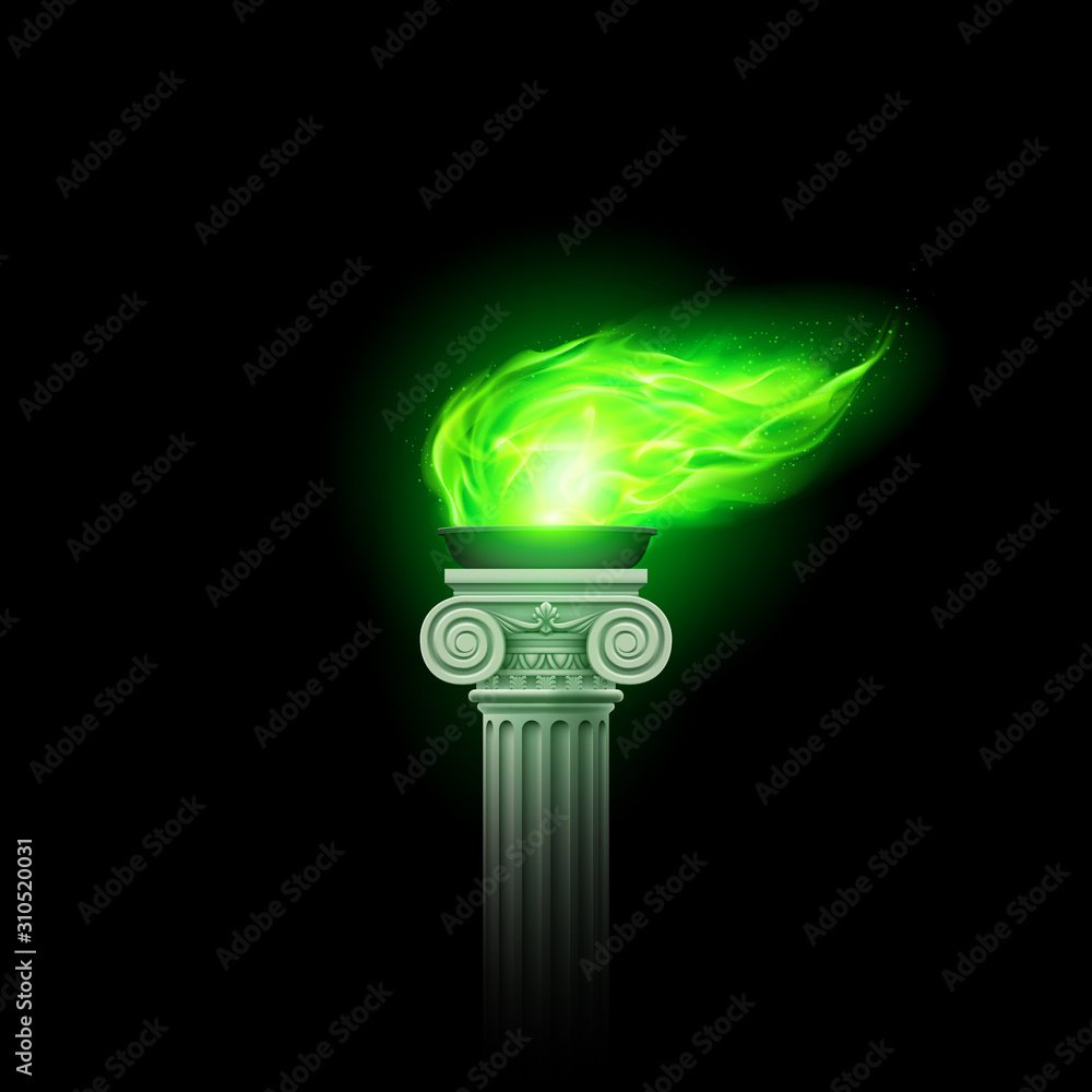 Ancient Column with Green Flame Swaying in the Wind. Illustration of a ...
