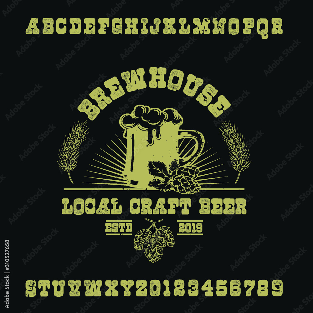 " beer " typeface. Vector hand crafted font in medieval style with hops ...