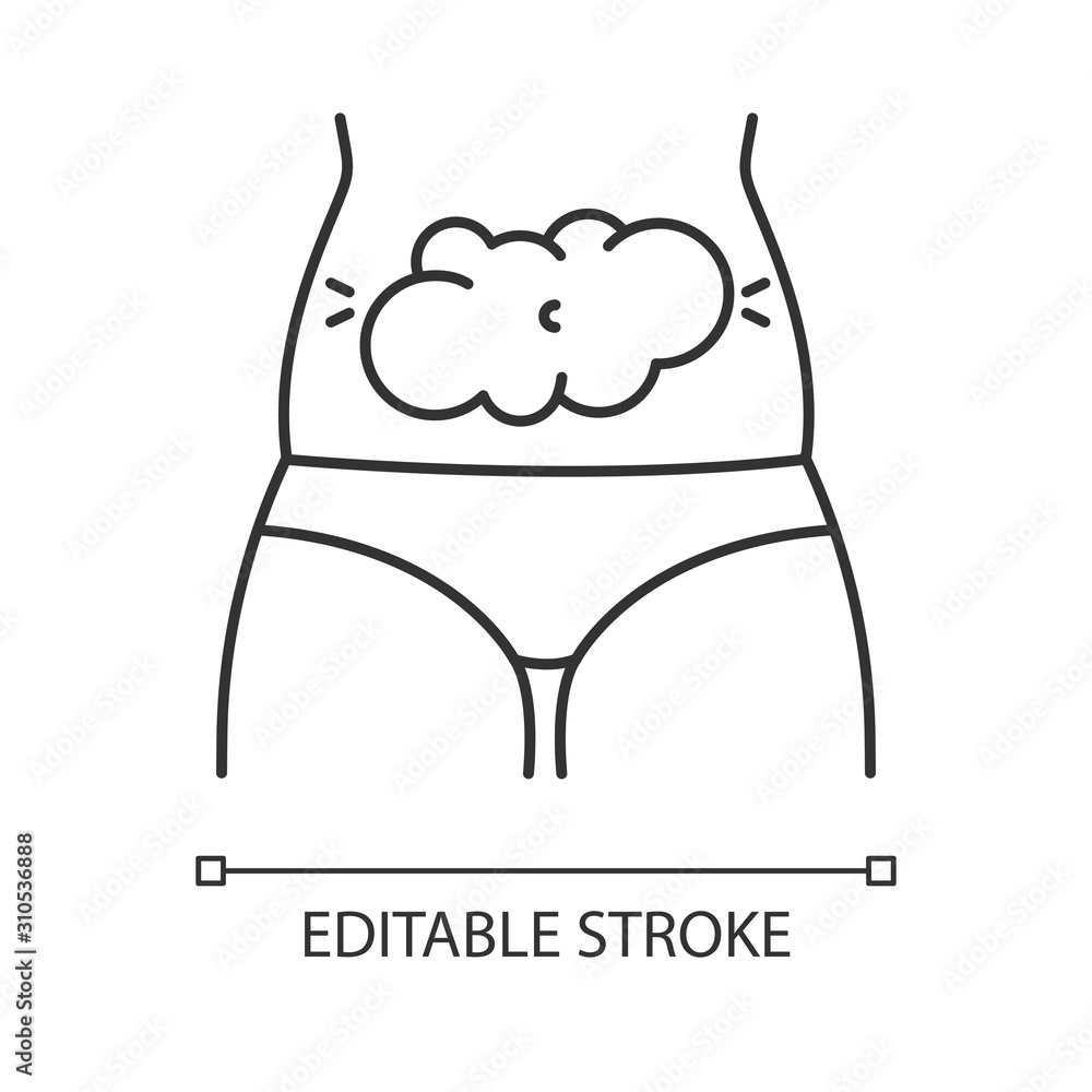 Bloating linear icon. Predmenstrual abdominal pain. Digestive tract ...