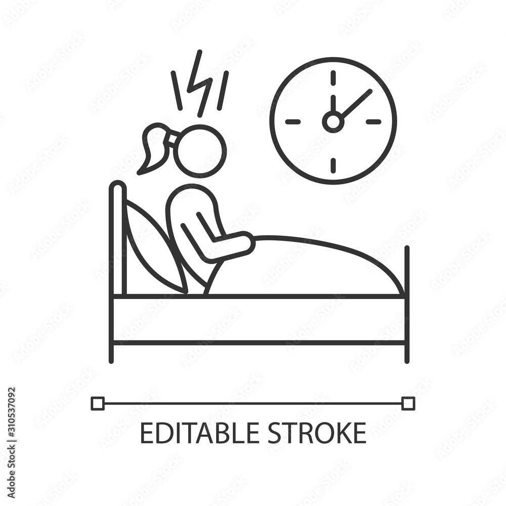 Change in sleep pattern linear icon. Insomnia. Troubled woman. Stress ...