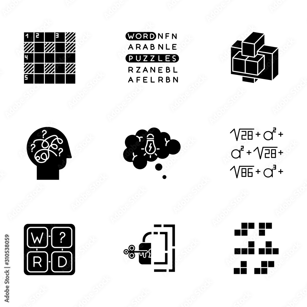 Puzzles and riddles glyph icons set. Construction, word puzzle ...