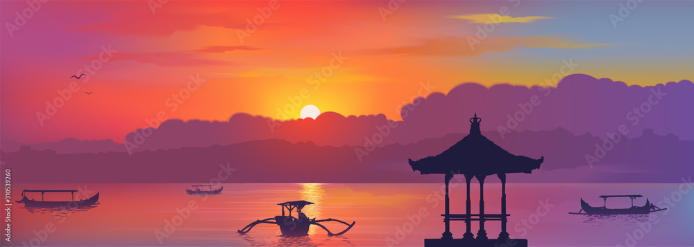 Colorful Balinese sunset with traditional gazebo and fishing boats ...
