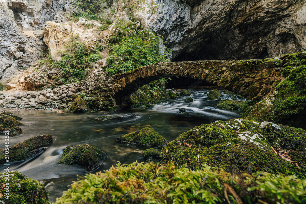Famous old stone bridge in the karst caves of Rakov Skocjan area. Caves ...