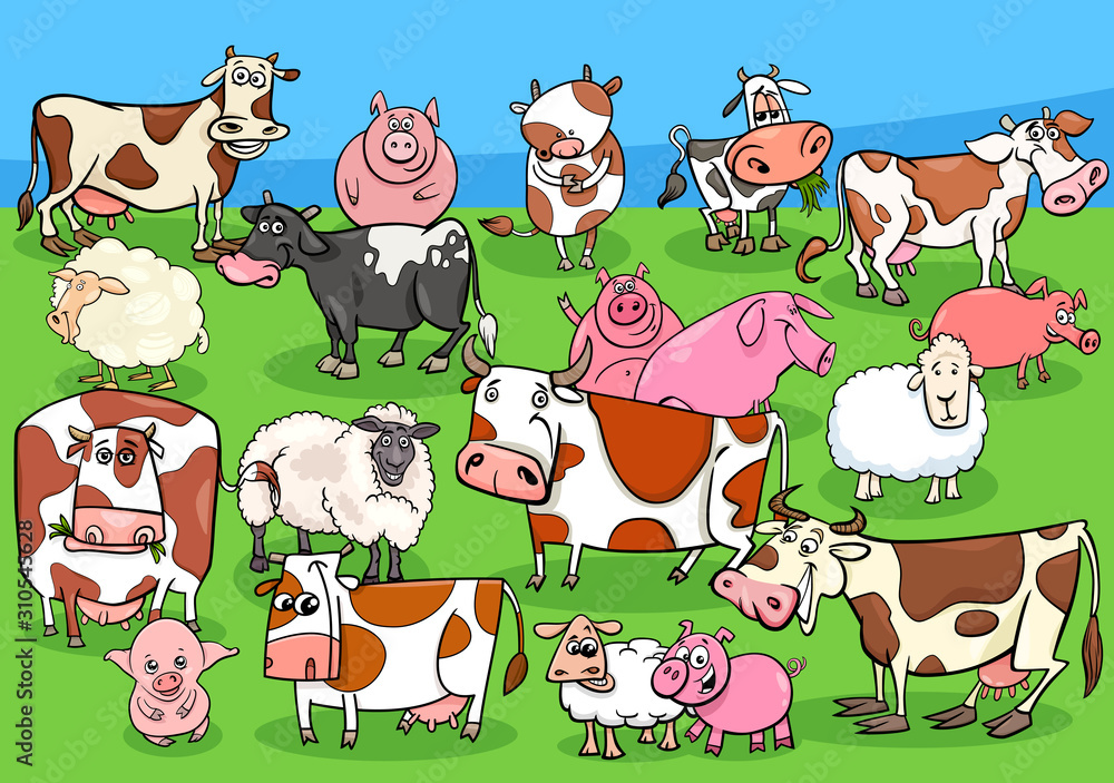 farm animals cartoon characters group on meadow Stock Vector | Adobe Stock