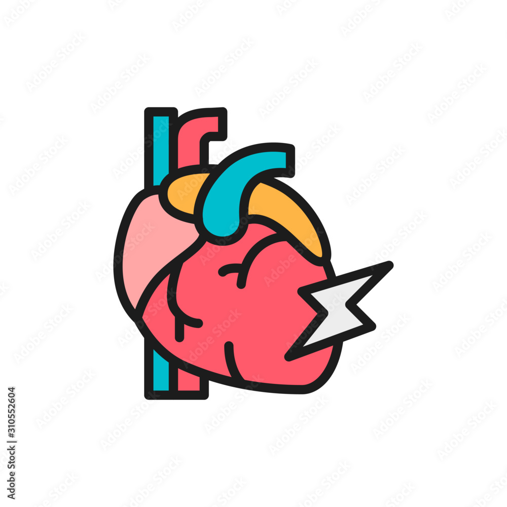Vector heart attack, myocardial infarction flat color line icon. Stock ...