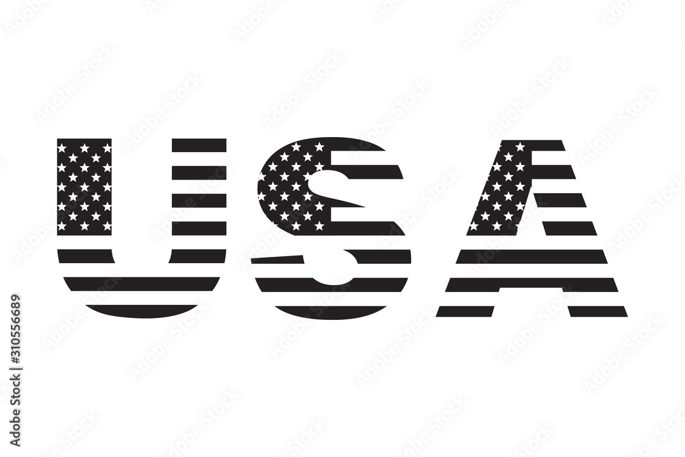 USA flag text, American flag in letters, black isolated on white ...