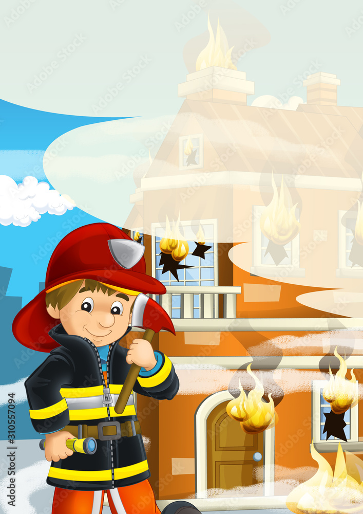 cartoon stage with fireman fire fighting near some building smoking ...