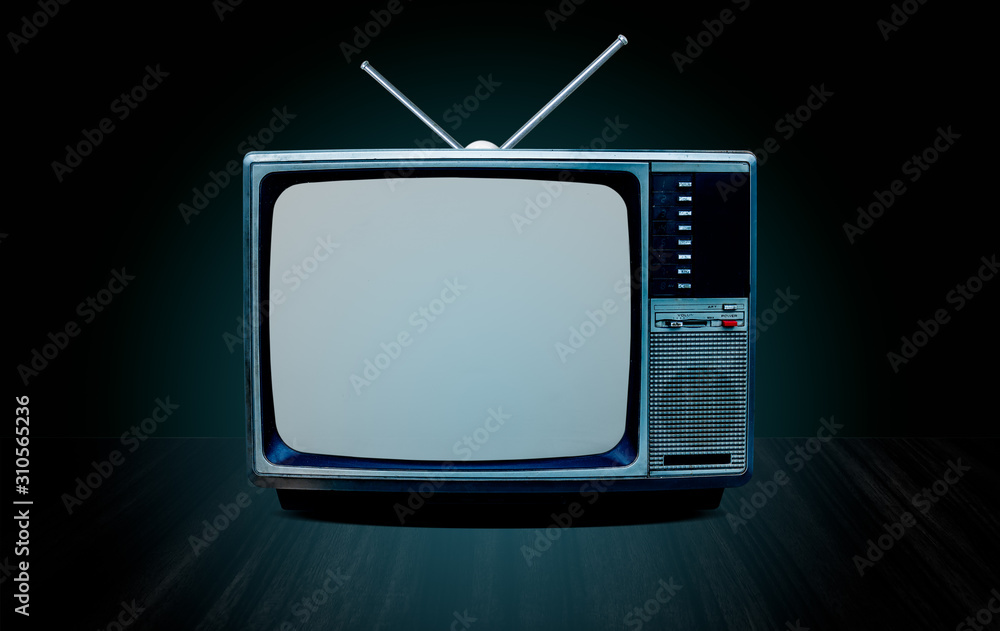 vintage old television receiver and antenna on table front gradient ...