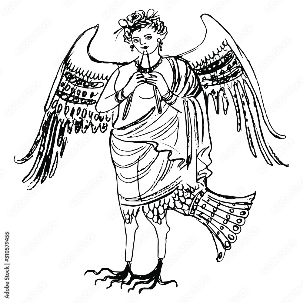 Isolated vector illustration. Ancient Greek winged Siren or Harpy ...