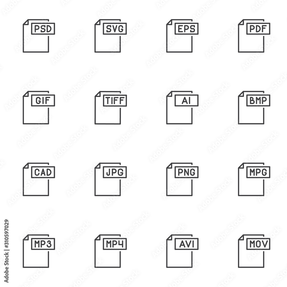 Document file types line icons set. File format linear style symbols collection, outline signs ...