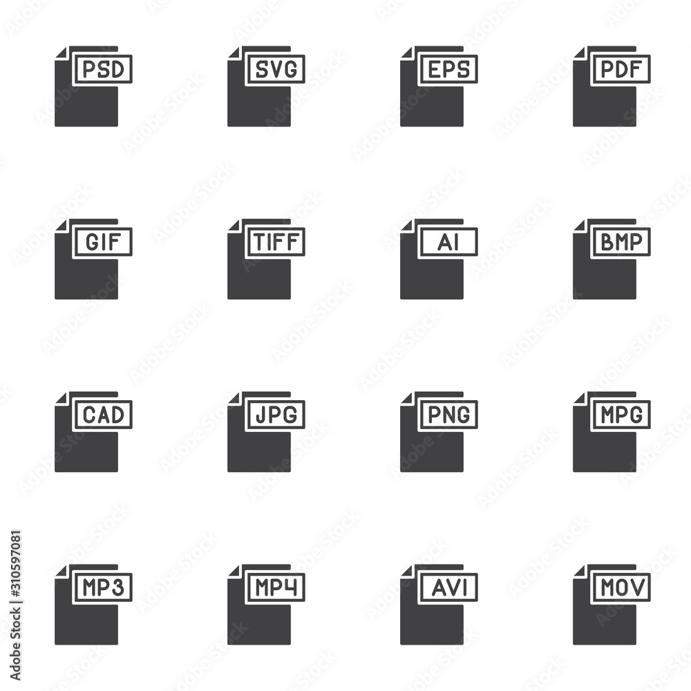 Document file types vector icons set, File format modern solid symbol ...