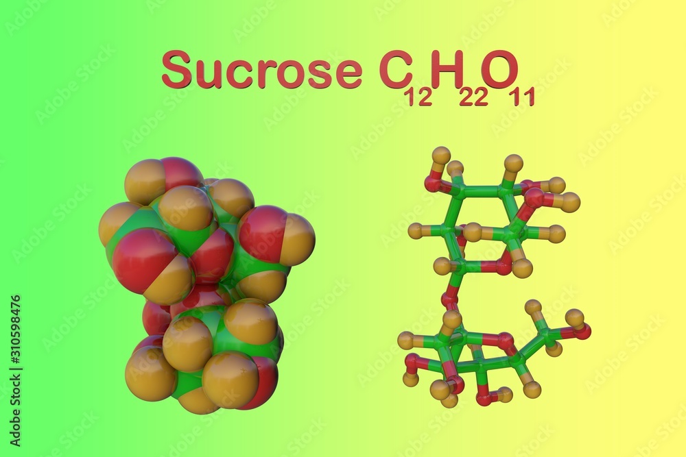 Structural chemical formula and molecular model of sucrose. It is ...