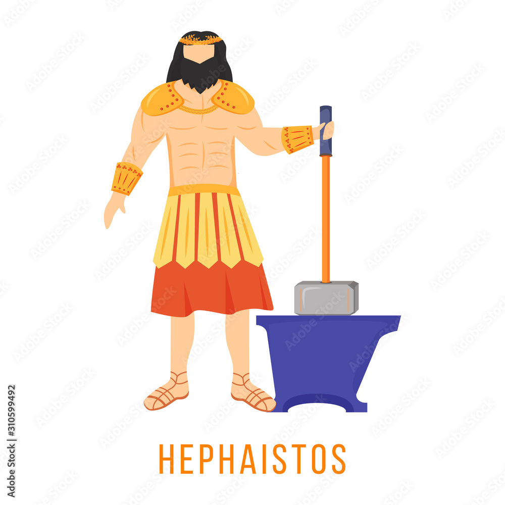 Hephaistos flat vector illustration. Hephaestus. God of fire and ... Hephaistos flat vector illustration. Hephaestus. God of fire and ...