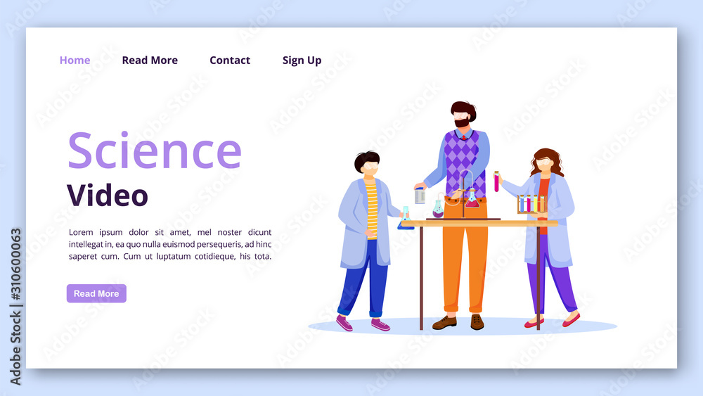 Science video landing page vector template. Visual chemistry experiment ...