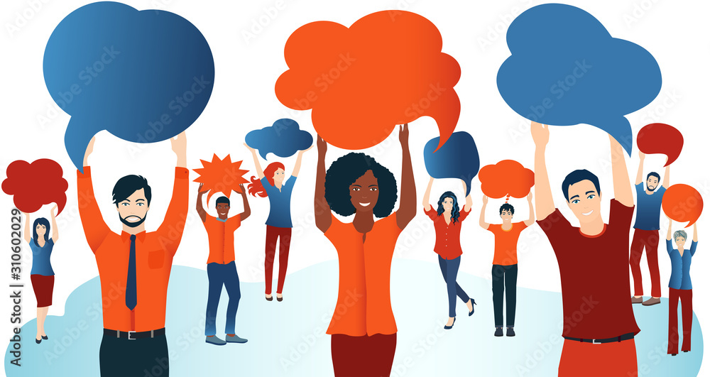 Crowd talking. Group of diverse people with speech bubble ...